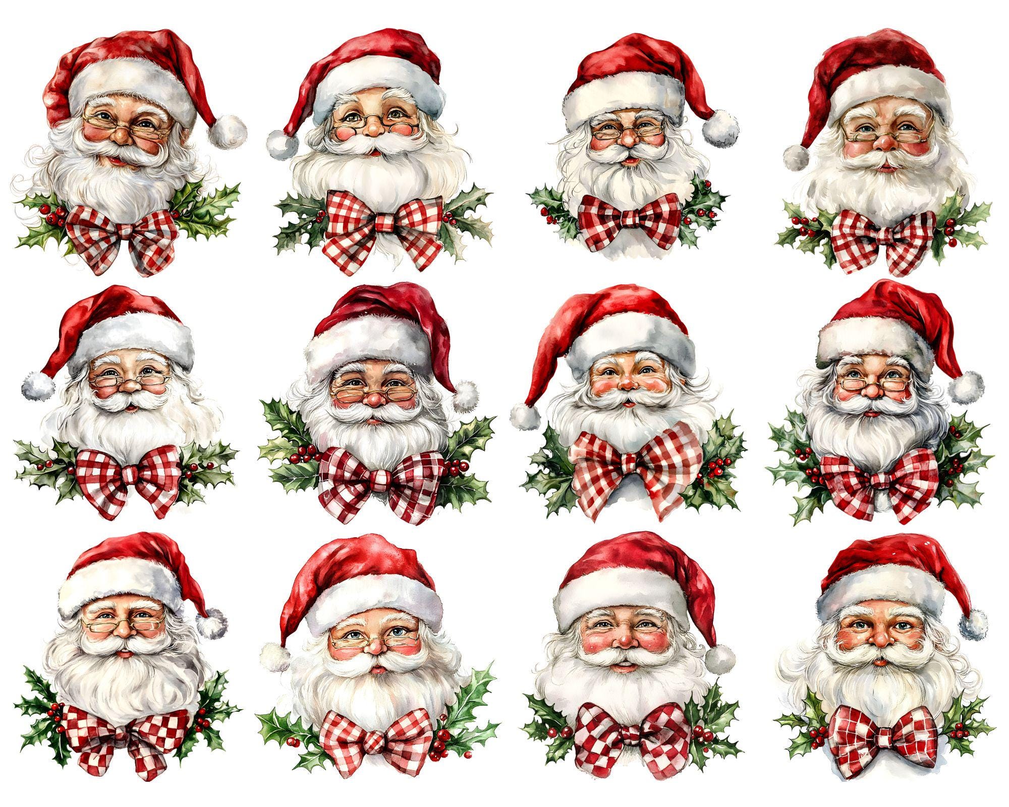 Watercolor Santa Clipart: Christmas Holiday Art, 12 JPG Files (digital ...