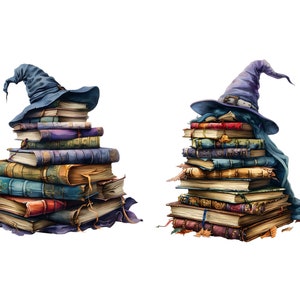 Witch Books Clipart, 16 JPG, Mixed Media Halloween Stack of Books ...