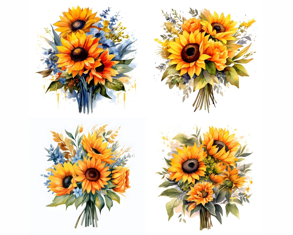 Sunflower Clipart, 20 Jpgs, Watercolor Sunflower, Sunflower Bouquet ...