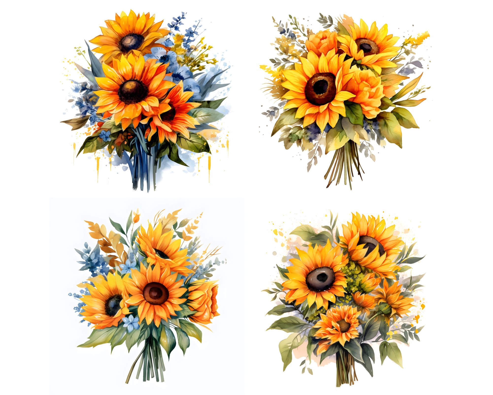 Watercolor Sunflower Clipart: Floral Bouquet, Commercial Use (20 Jpgs ...