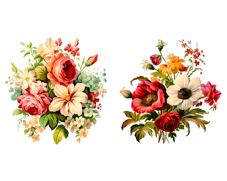 Vintage Flower Clipart, 14 Jpgs, Vintage Floral, Floral Clipart, Retro ...