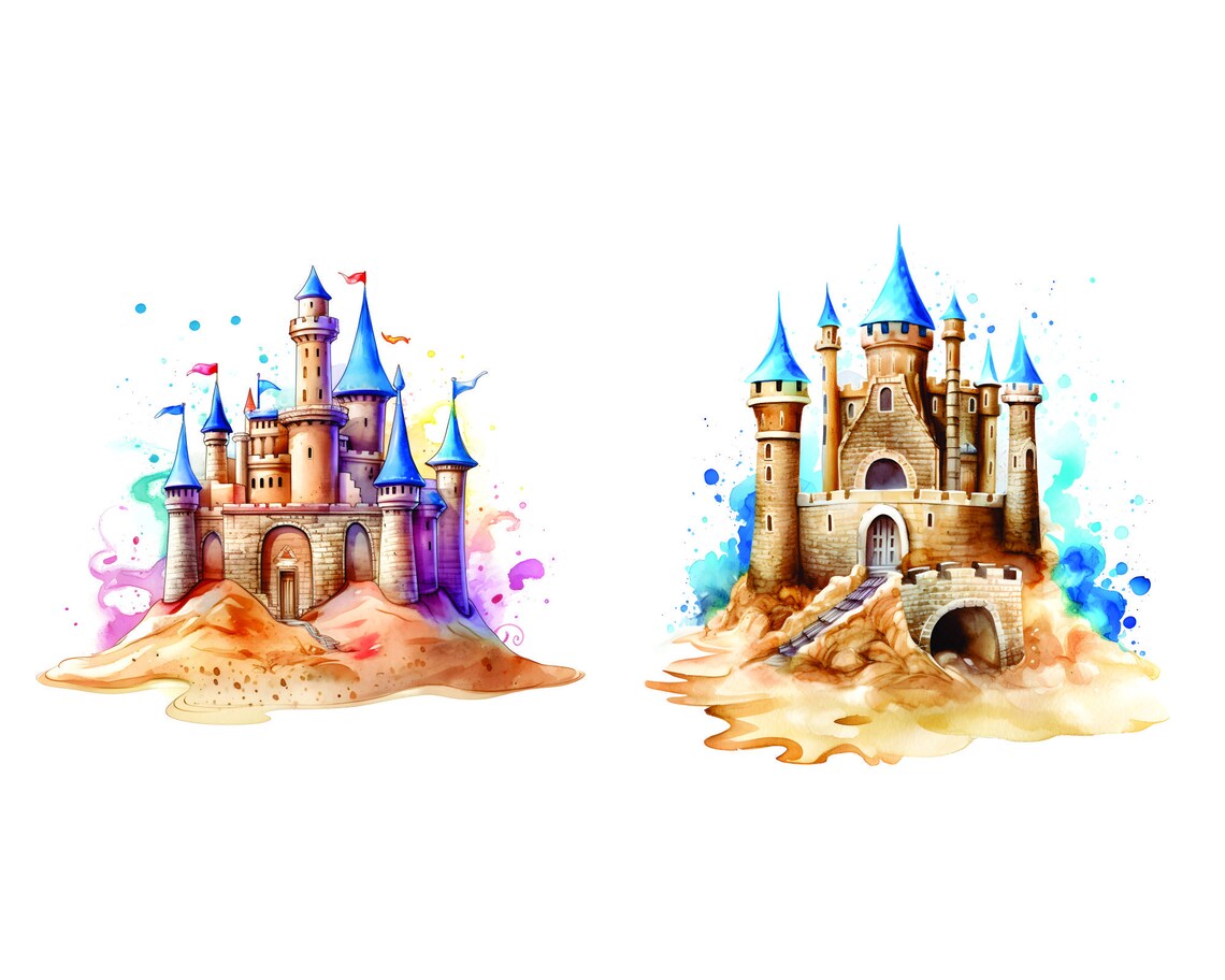 Sandcastle Clipart, 12 Jpgs, Sand Castle Clipart, Watercolor Beach ...