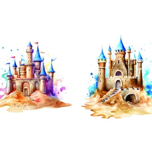 Sandcastle Clipart, 12 Jpgs, Sand Castle Clipart, Watercolor Beach ...