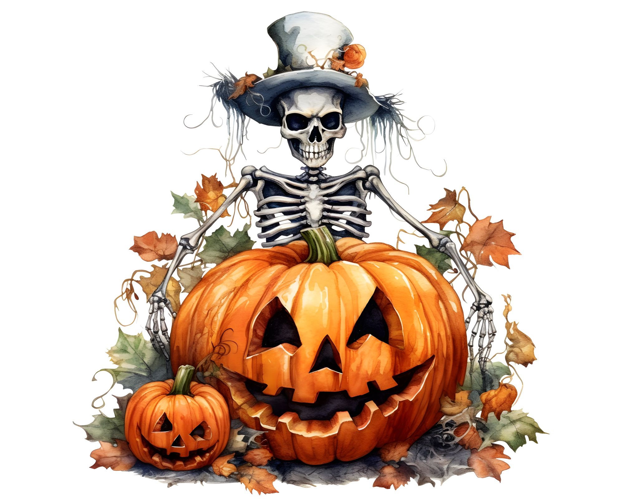 Halloween Skeleton and Pumpkin Clipart, 16 Jpgs, Watercolor Halloween ...