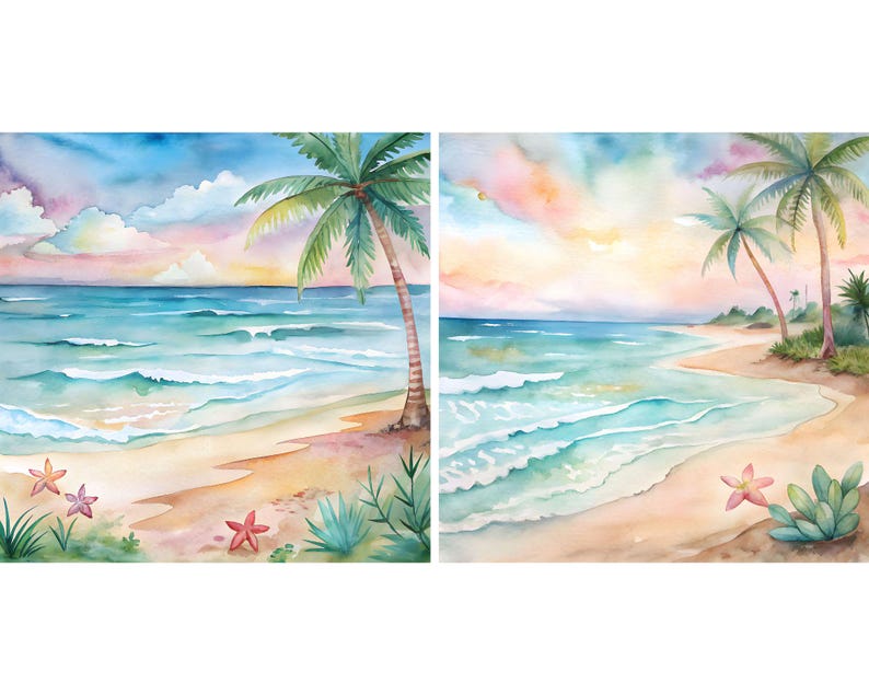 Watercolor Beach Digital Paper: Tropical Coastal Backgrounds (JPG Pack ...