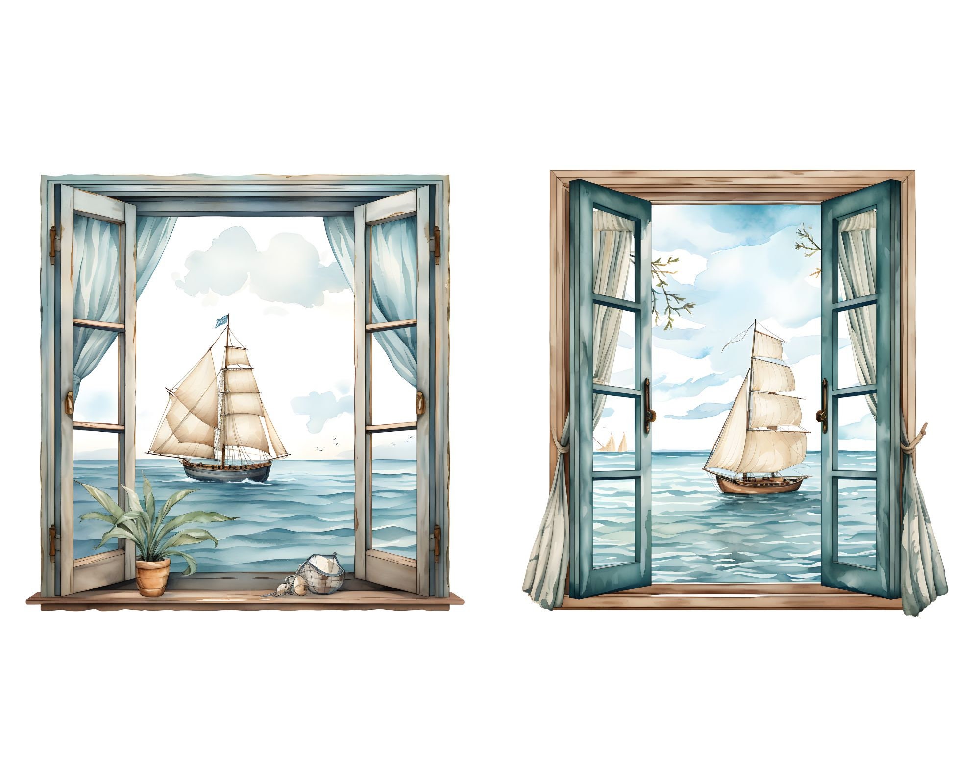 Watercolor Nautical Window Clipart, 20 High Quality PNG, Digital Paper ...