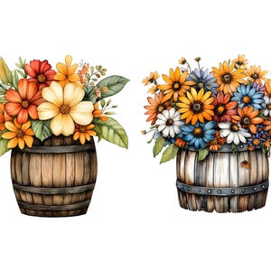 Old Wooden Barrel With Flowers Clipart, 16JPG, Floral Clip Art, Paper ...