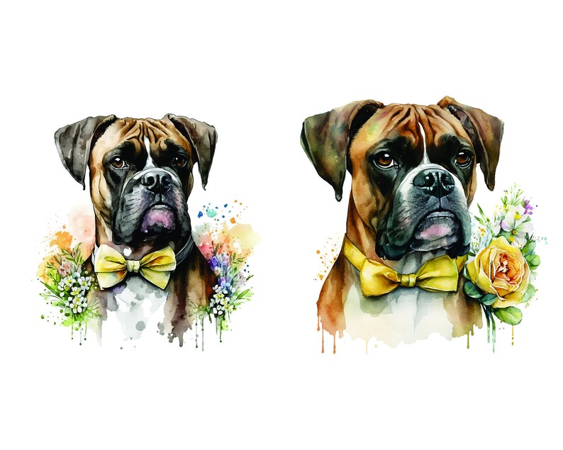 Set of 10 Cute Boxer Dog With Bow Tie and Flowers Clipart, Watercolor ...