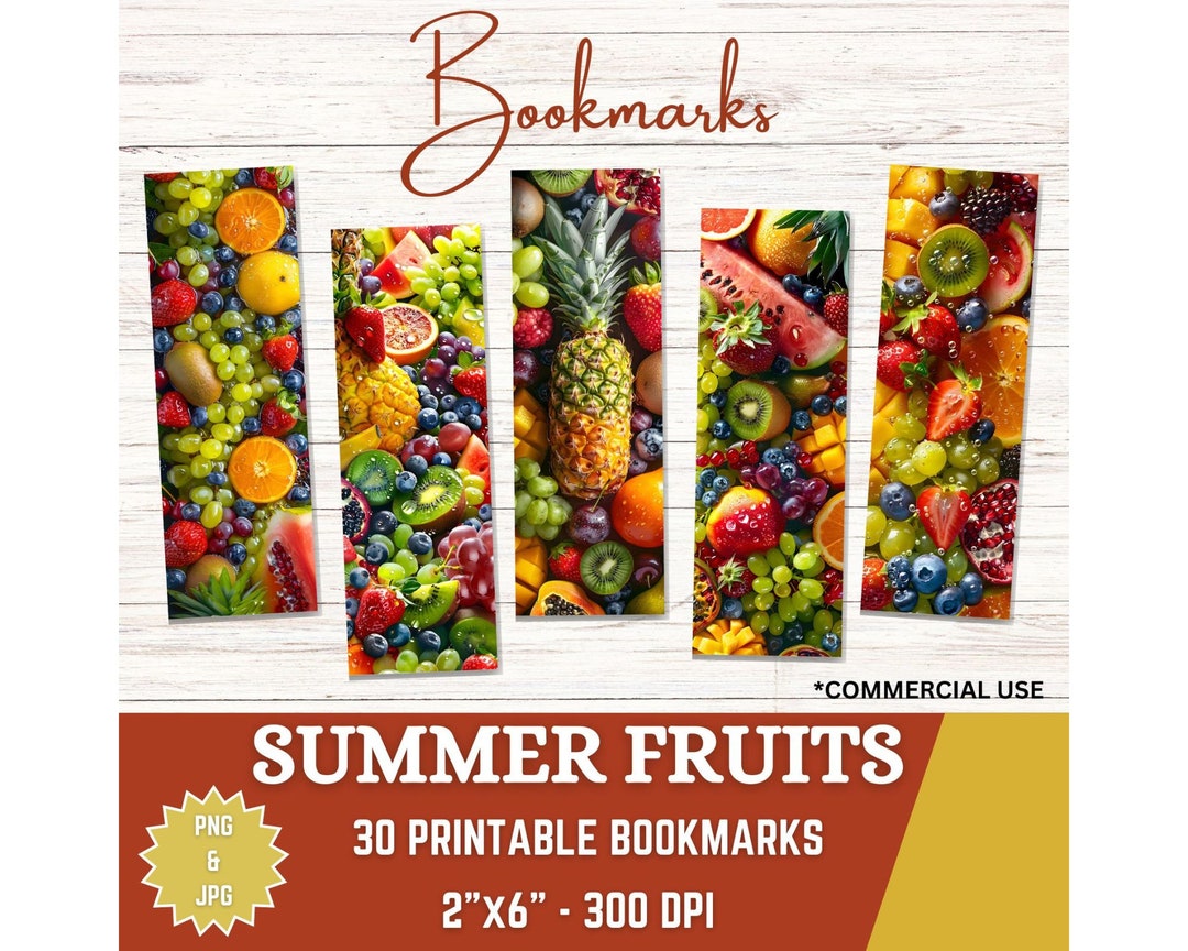 Summer Fruits Printable Bookmarks, Set of 30, PNG/JPG, 2x6 Inch ...