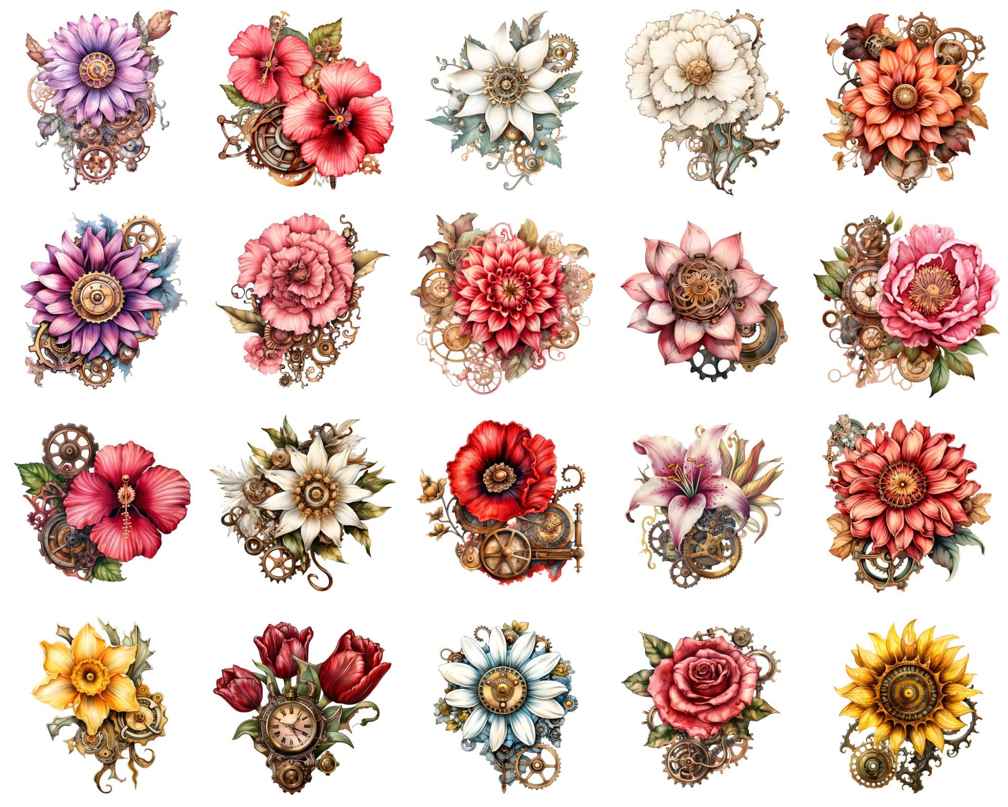 Steampunk Flowers Clipart: Watercolor PNG Bundle for Scrapbooking (210 ...