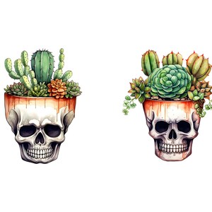 Skull Pot With Cacti Clipart, 16 PNG, Watercolor Halloween Clip Art ...