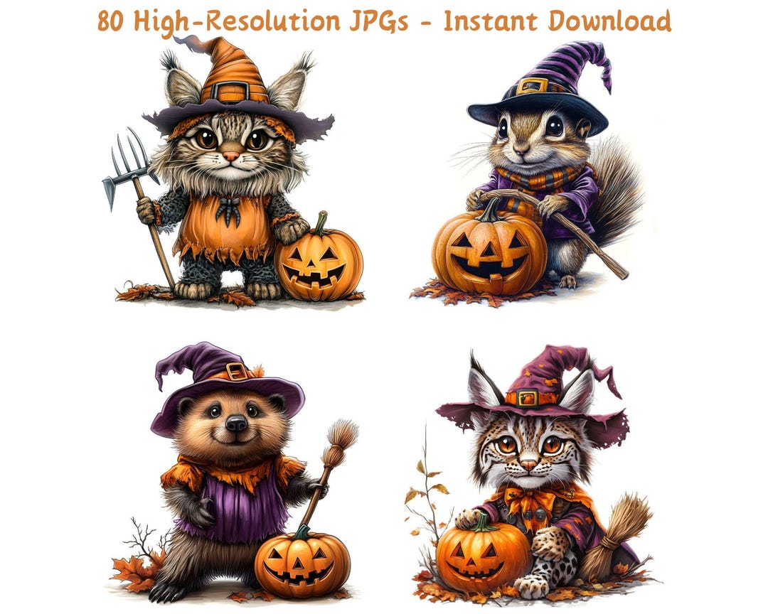 Halloween Clipart – Woodland Animals, Witch Hats, Pumpkins (80 JPG ...