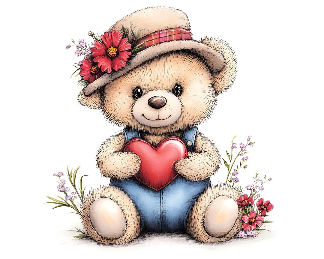 Cute Teddy Bear Holding A Heart Clipart, 16 JPG, Watercolor Valentine's ...