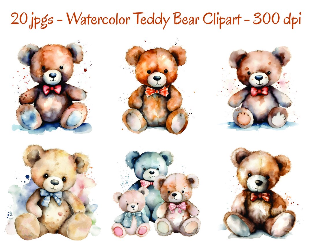 Watercolor Teddy Bear Clipart, 20 High-quality Jpgs, Cute Teddy Bear ...