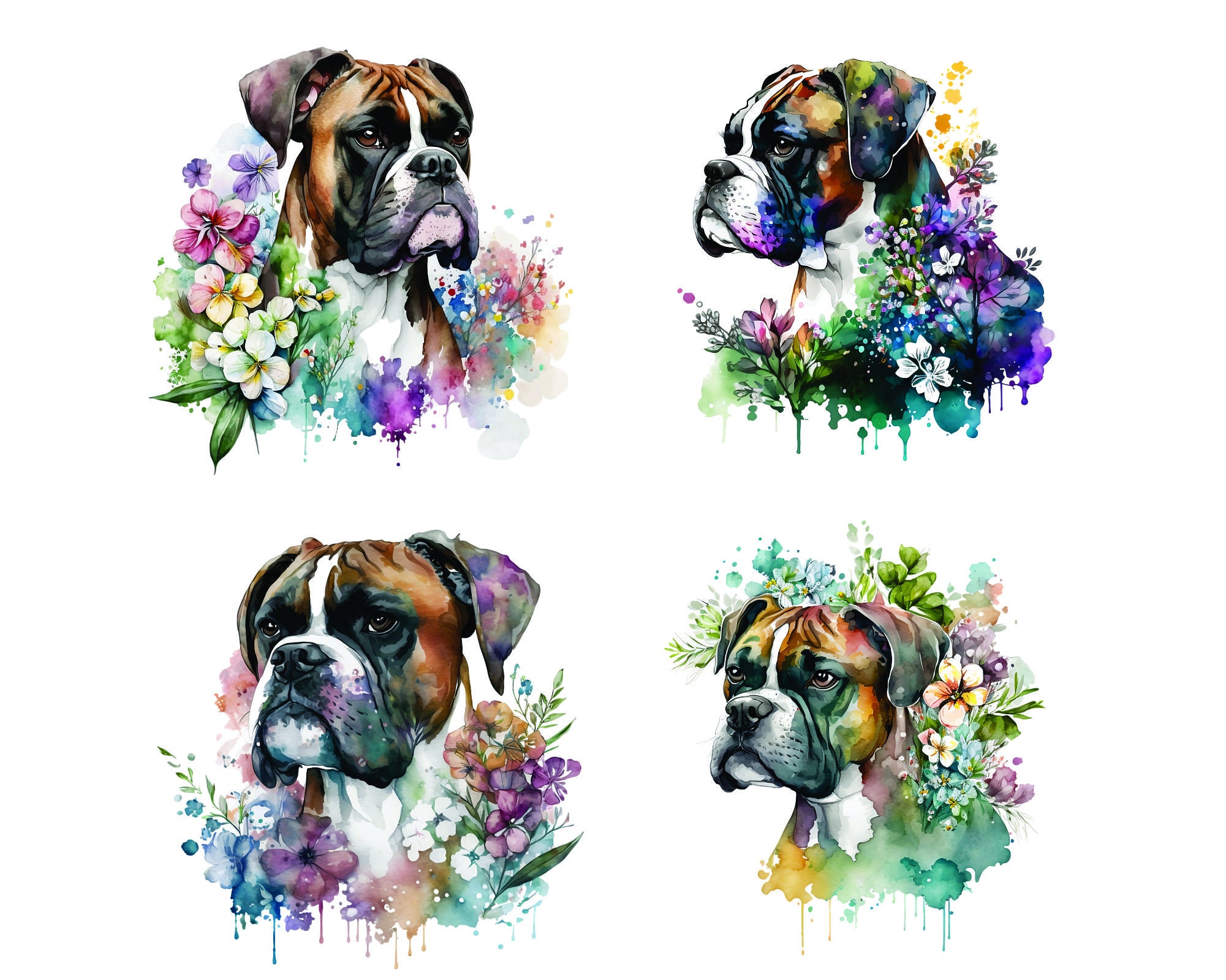 Set of 12 Boxer Clipart, Spring Boxer Dog With Flowers, Watercolor ...