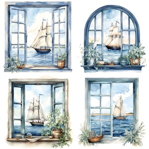 Watercolor Nautical Clipart: Sailing Boat Window View (20 PNG Digital ...