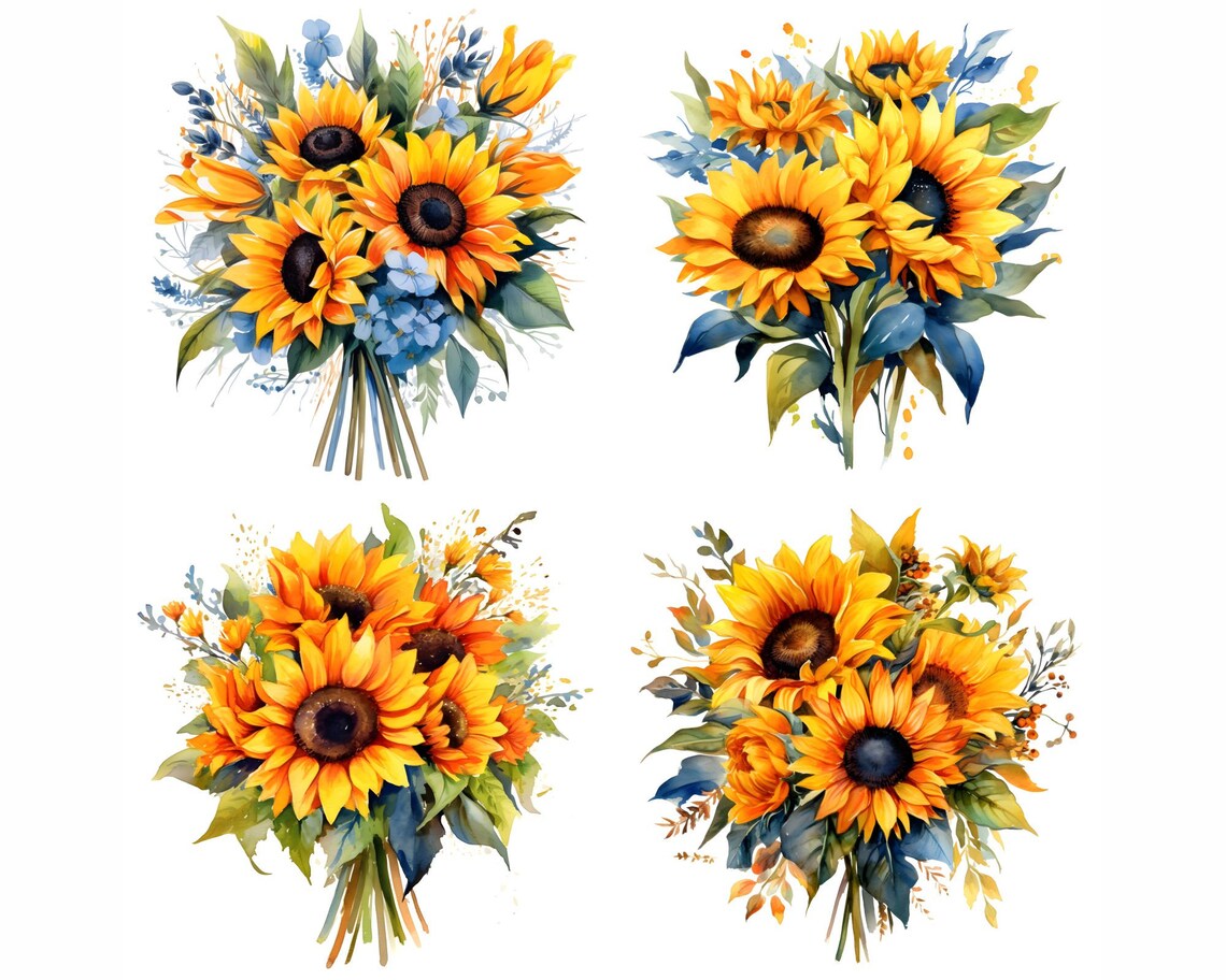 Sunflower Clipart, 20 Jpgs, Watercolor Sunflower, Sunflower Bouquet ...