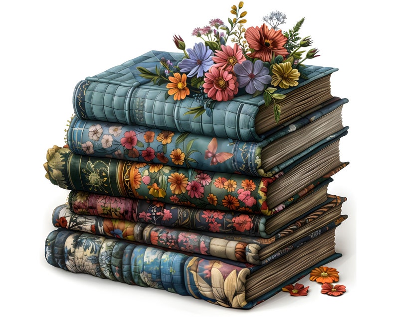 Floral Books Clipart: Stack of Books Jpgs (digital Download) - Etsy