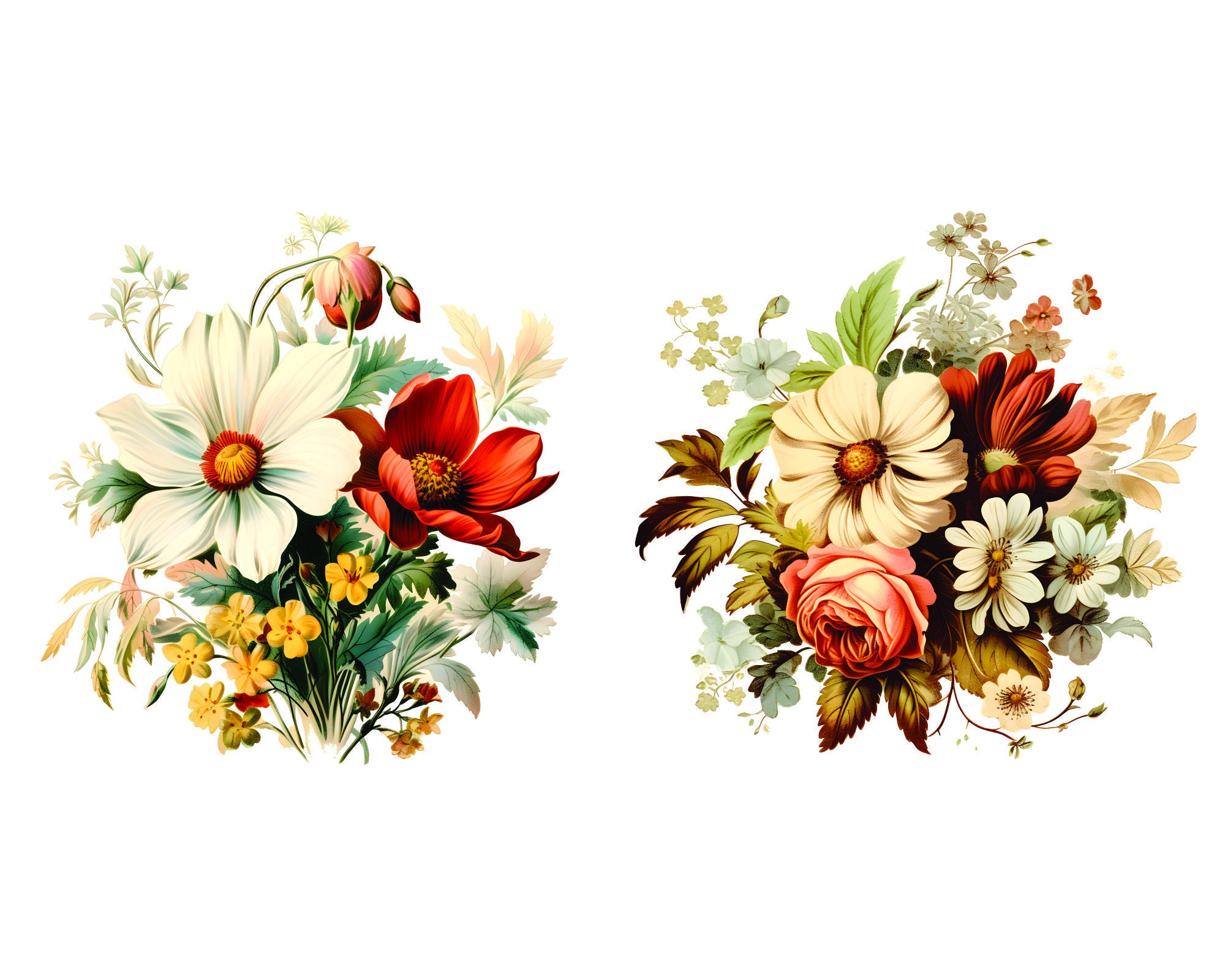 Vintage Flower Clipart, 14 Jpgs, Vintage Floral, Floral Clipart, Retro ...
