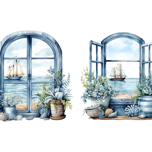 Watercolor Nautical Clipart: Sailing Boat Window View (20 PNG Digital ...