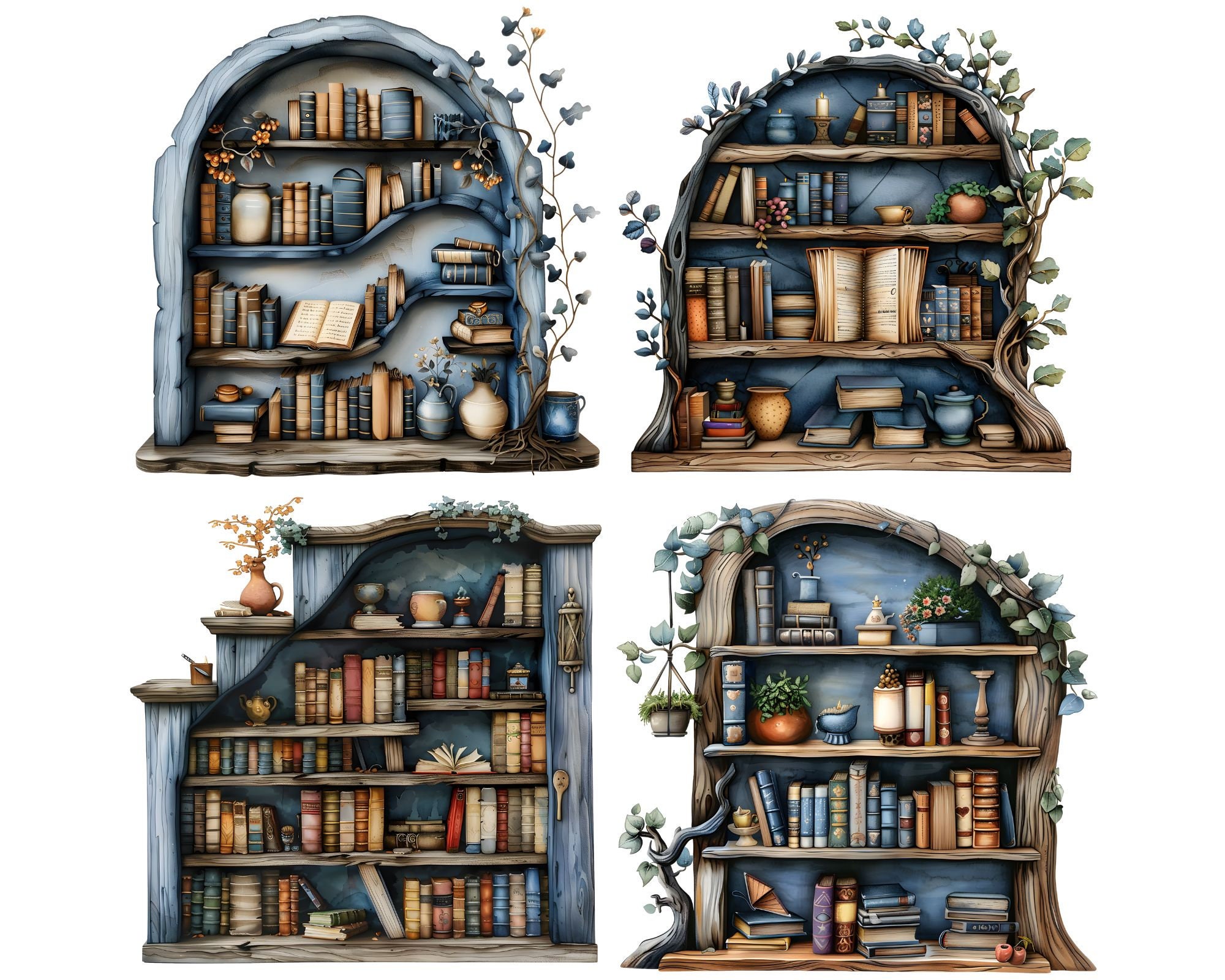 Whimsical Bookshelf Clipart, 24 PNG, Book Lover, Bookworm, Digital ...