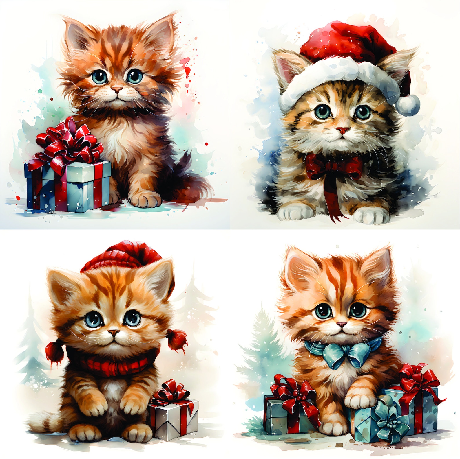 Christmas Cats Digital Paper, Printable Christmas Wall Art, Watercolor ...