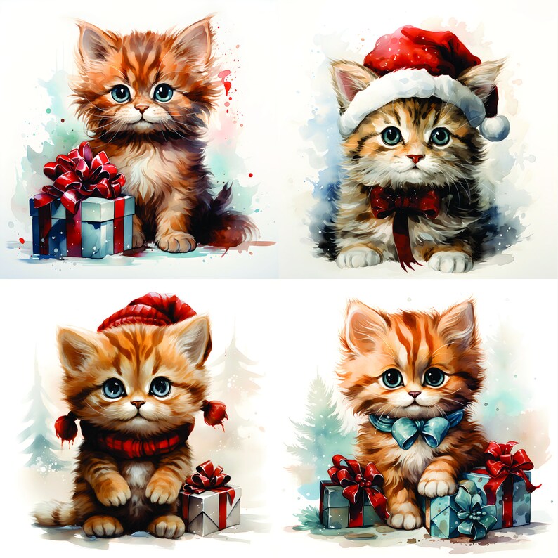 Christmas Cats Digital Paper, Printable Christmas Wall Art, Watercolor ...