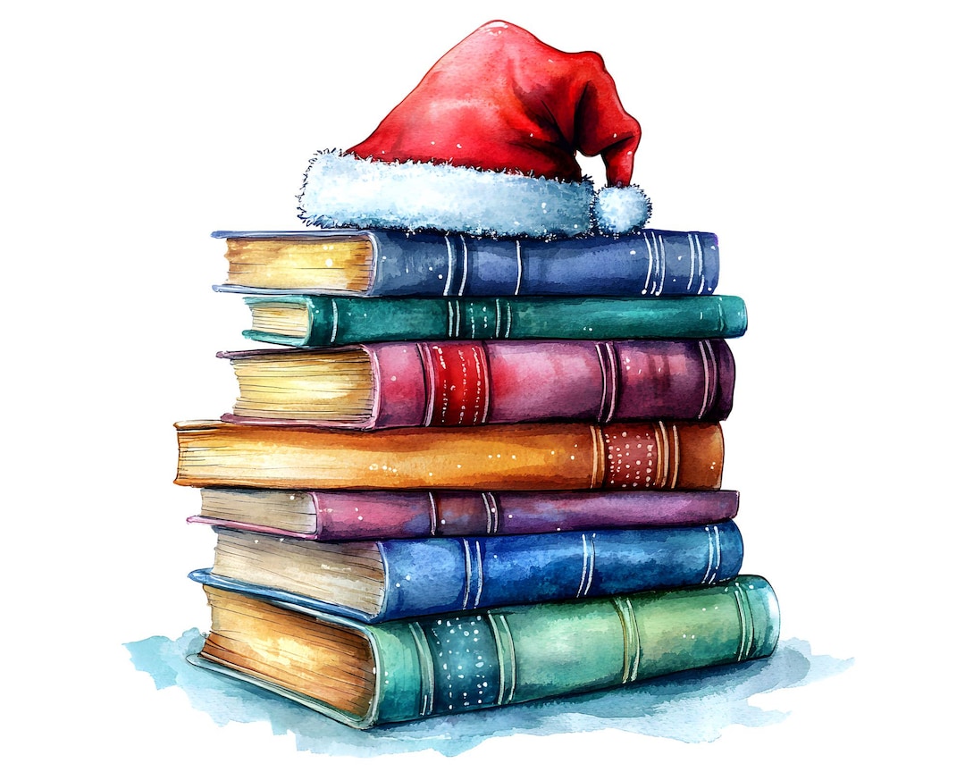 Christmas Stack of Books Clipart, 12 PNG, Book Lover, Santa Hat, Card ...