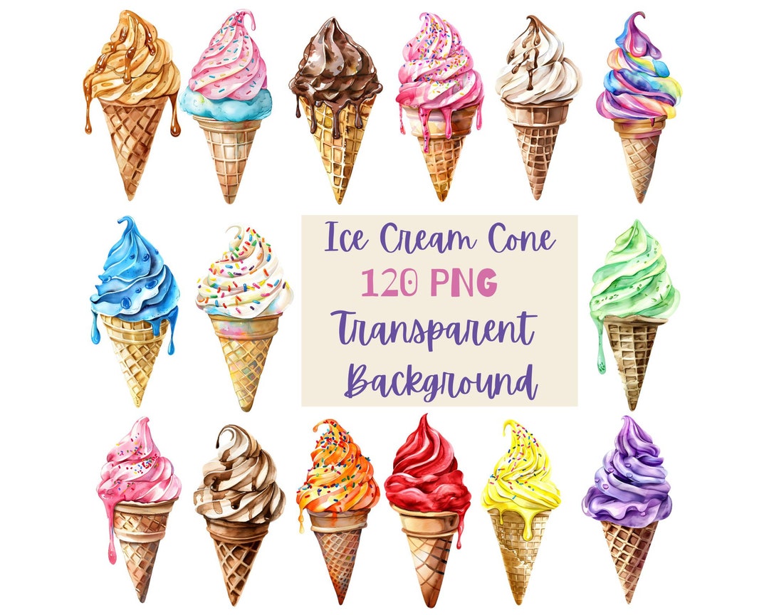 Ice Cream Clipart, 120 HQ PNG, Watercolor Summer Clip Art, Digital ...