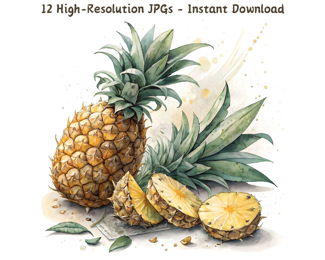 Tropical Pineapple Watercolor Clipart, 12 JPG Files, Summer Fruit Art ...