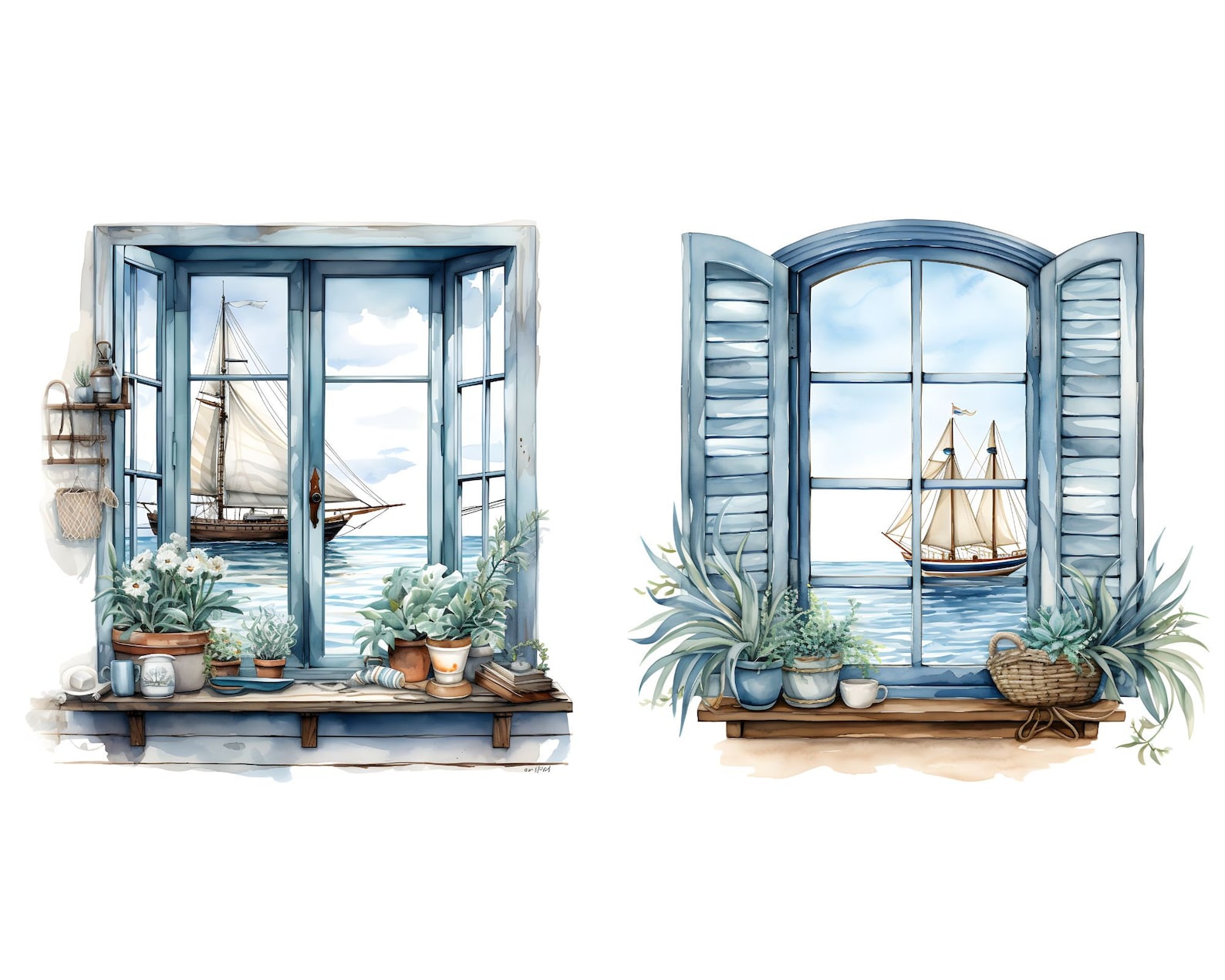 Watercolor Nautical Clipart: Sailing Boat Window View (20 PNG Digital ...