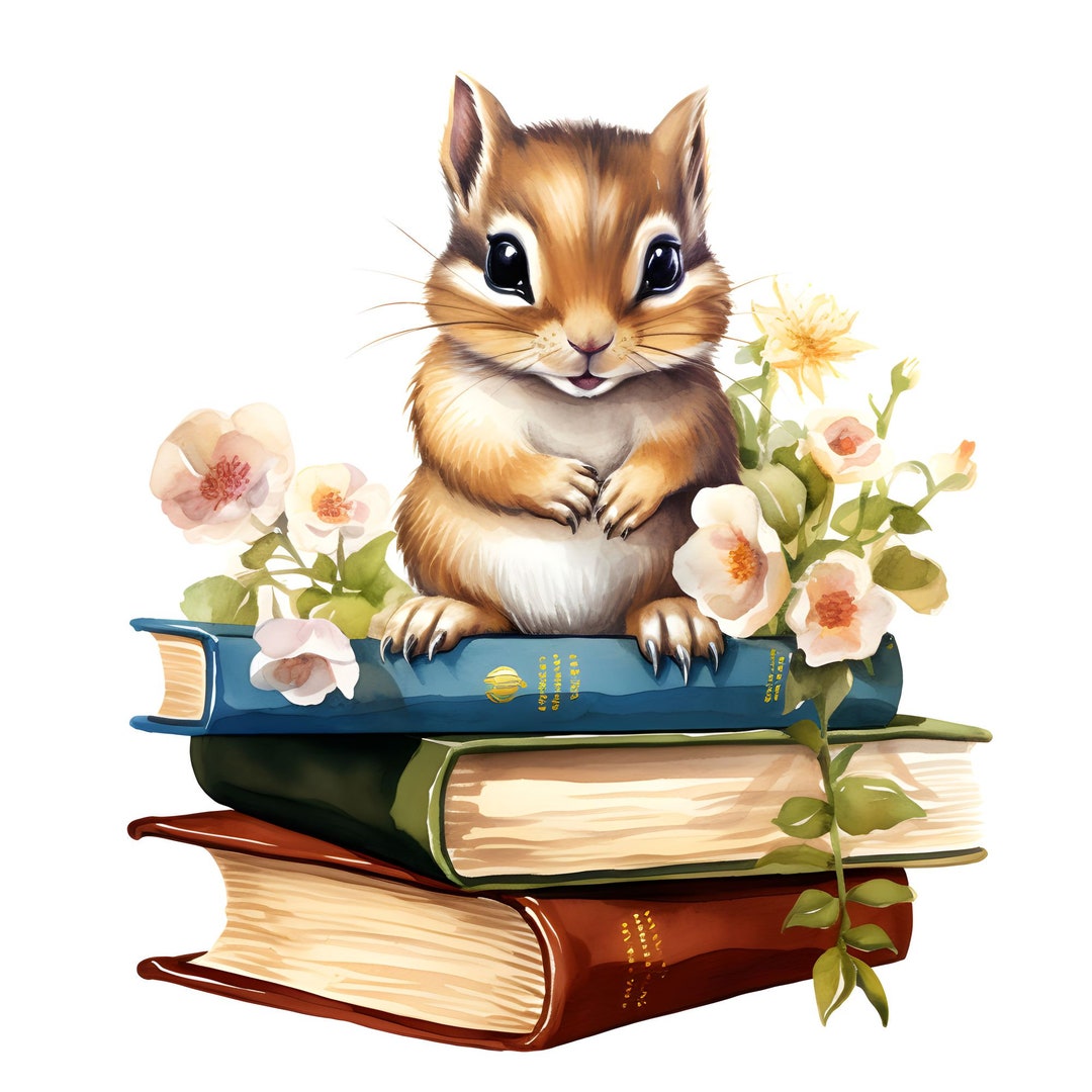 Chipmunk Sitting on A Stack of Books Clipart, 16 Jpgs, Watercolor Books ...