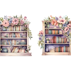 Watercolor Flower Bookcase Clipart, 18 PNG, Book Lover, Bookworm ...