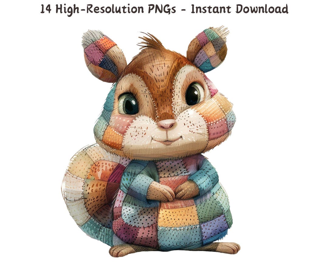 Whimsical Patchwork Quilt Chipmunk Clipart, 14 PNG Files for ...