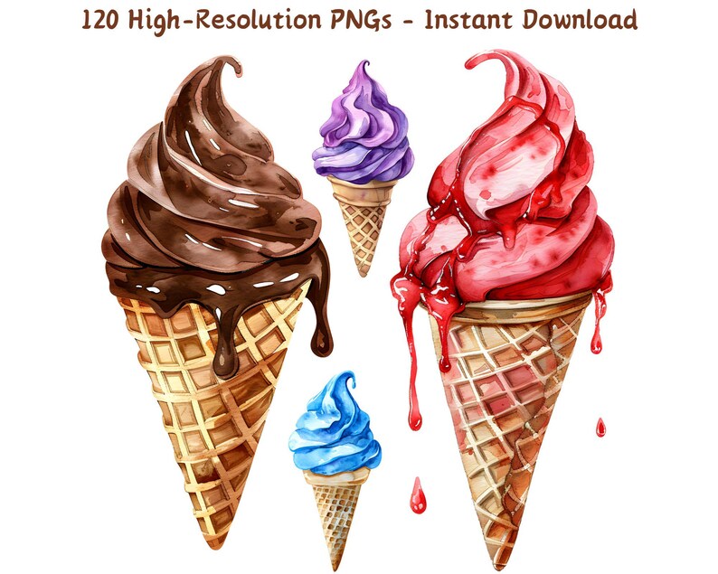 Watercolor Ice Cream Cone Clipart: 120 PNG Summer Dessert Illustrations ...