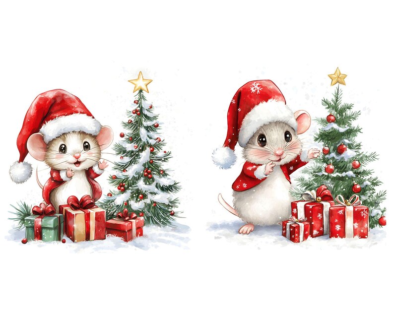 Watercolor Christmas Mouse Clipart: Holiday Tree & Gifts (digital ...