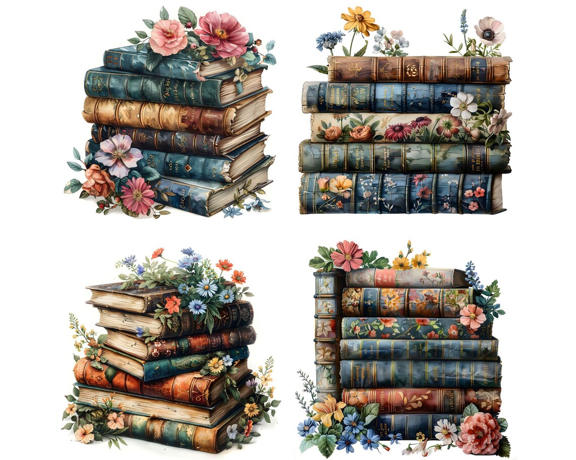 Floral Books Clipart: Stack of Books Jpgs (digital Download) - Etsy