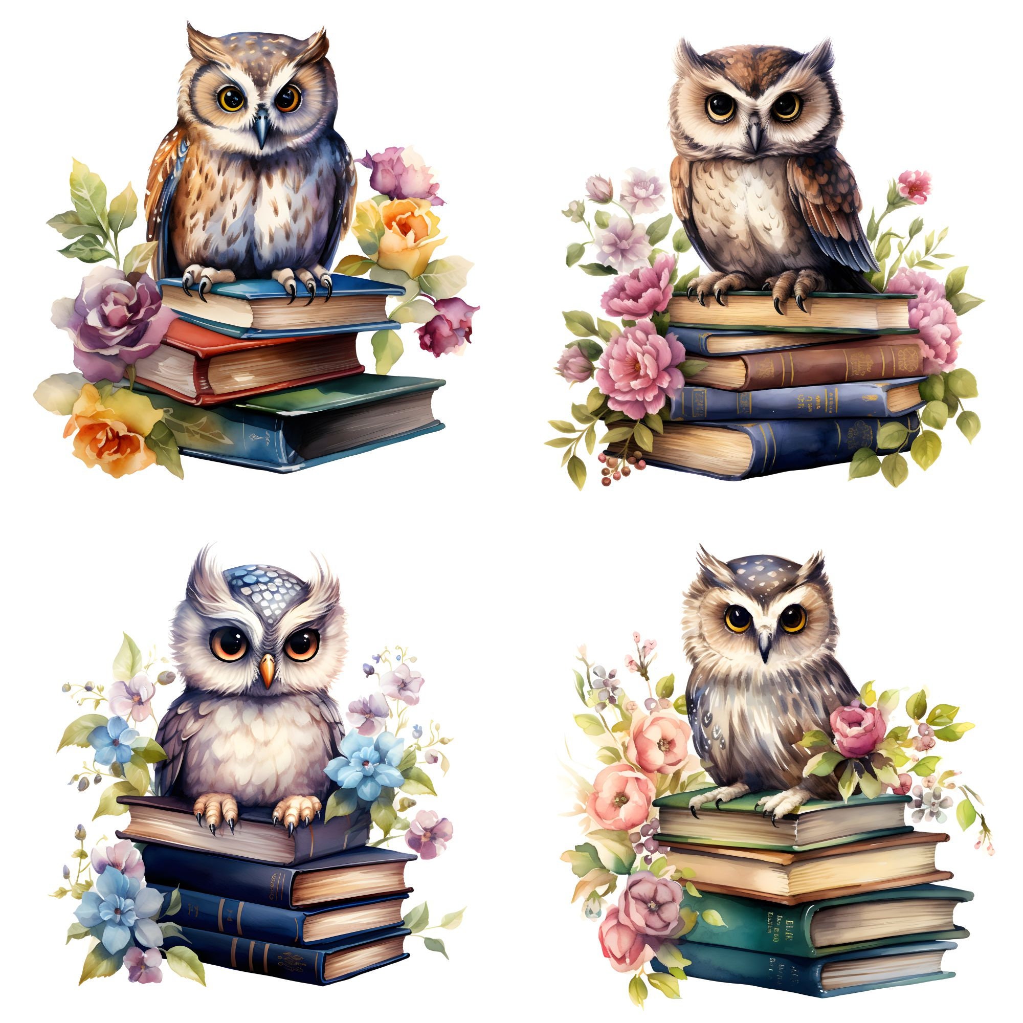 Owl Sitting on A Stack of Books Clipart, 16 Jpgs, Watercolor Books, Owl ...