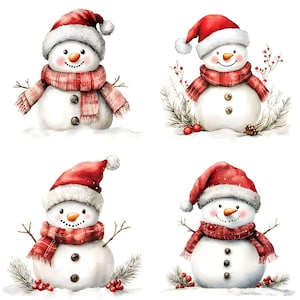 Cute Watercolor Snowman Clipart With Santa Hat and Scarf, Christmas ...