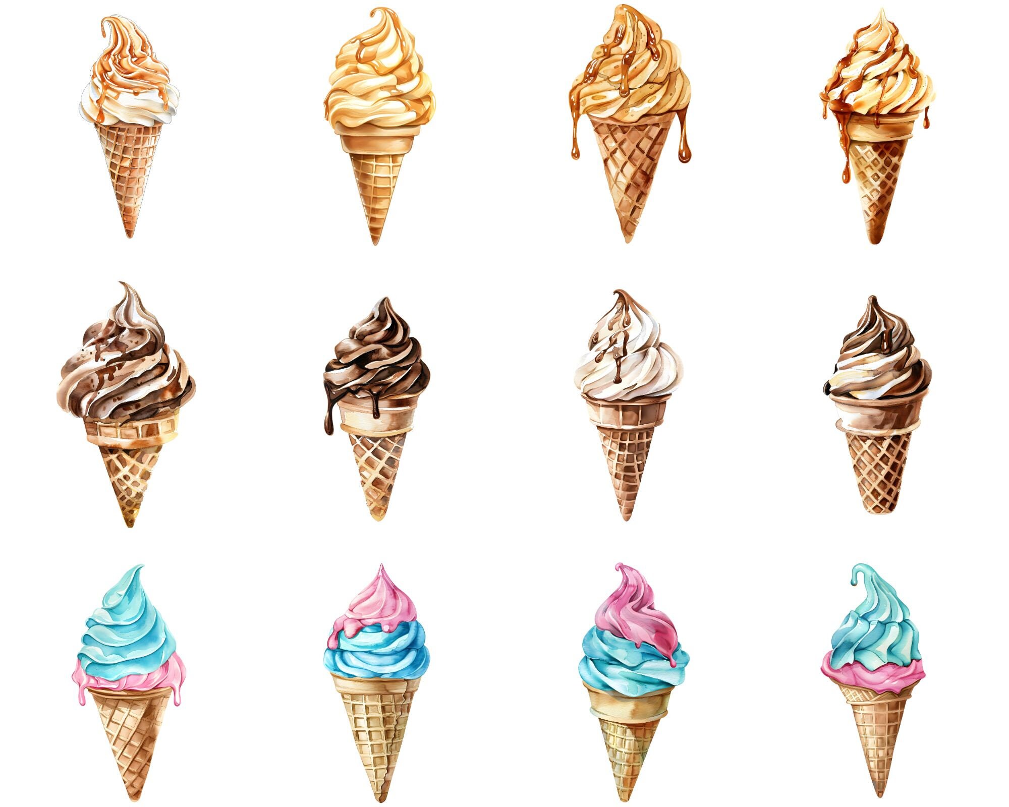 Watercolor Ice Cream Cone Clipart: 120 PNG Summer Dessert Illustrations ...