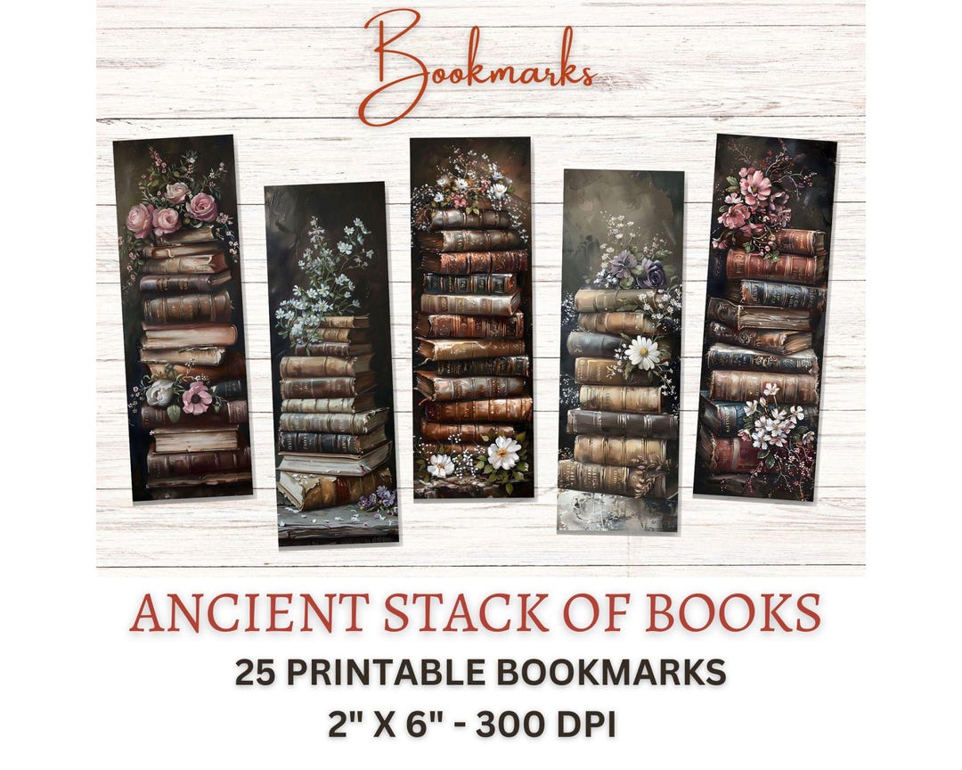 Stack of Old Books Printable Bookmark, Set of 25 PNG/JPG, 2x6 In ...