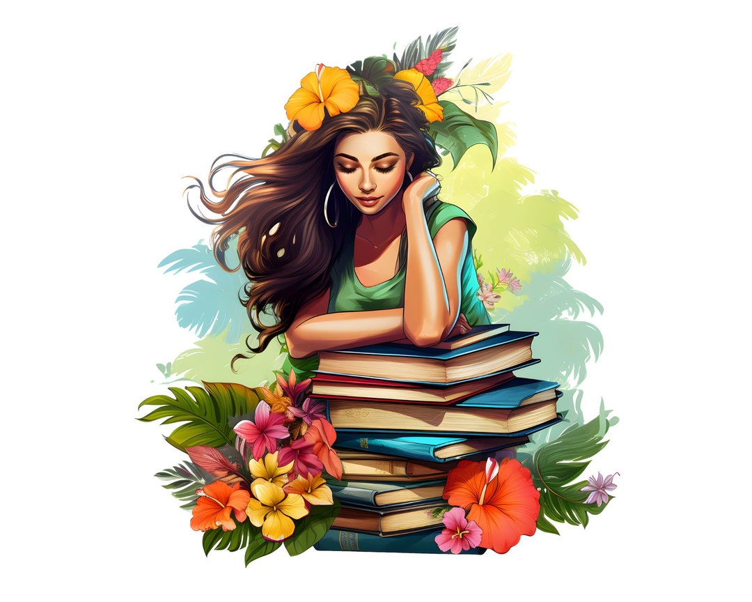 Girl Sitting on A Stack of Books Clipart, Girl With Books and Tropical ...