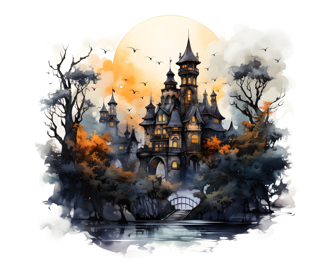 Watercolor Spooky Halloween Castle Clipart: Moonlit Jpgs (commercial ...