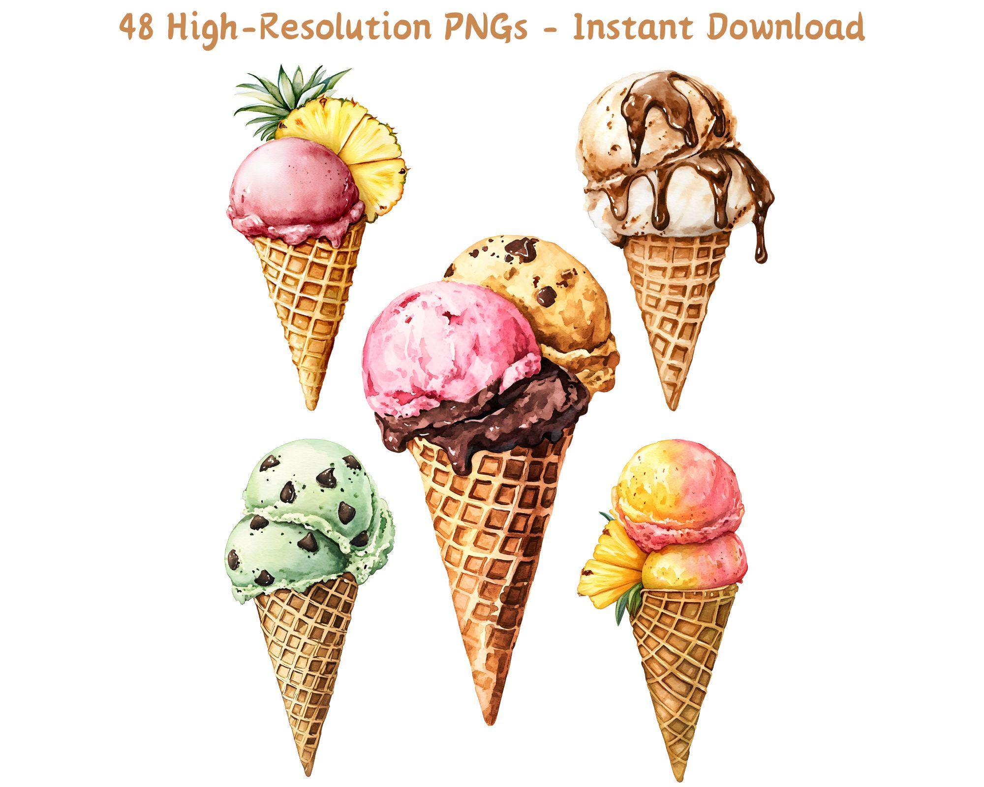 Watercolor Ice Cream Cone Clipart: Summer Dessert PNG Bundle (digital ...