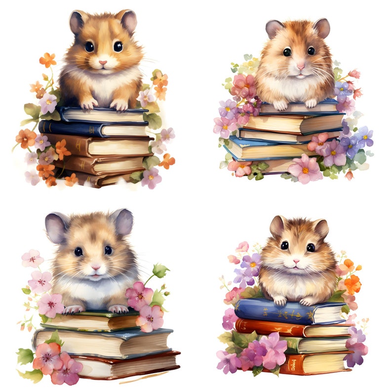 Hamster Sitting on A Stack of Books Clipart, 16 Jpgs, Watercolor Books ...