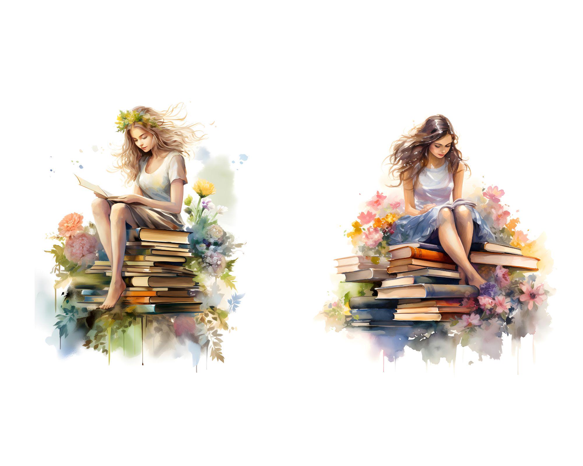 Watercolor Girl Reading Clipart: Book Lover Digital Art (12 JPG Files ...