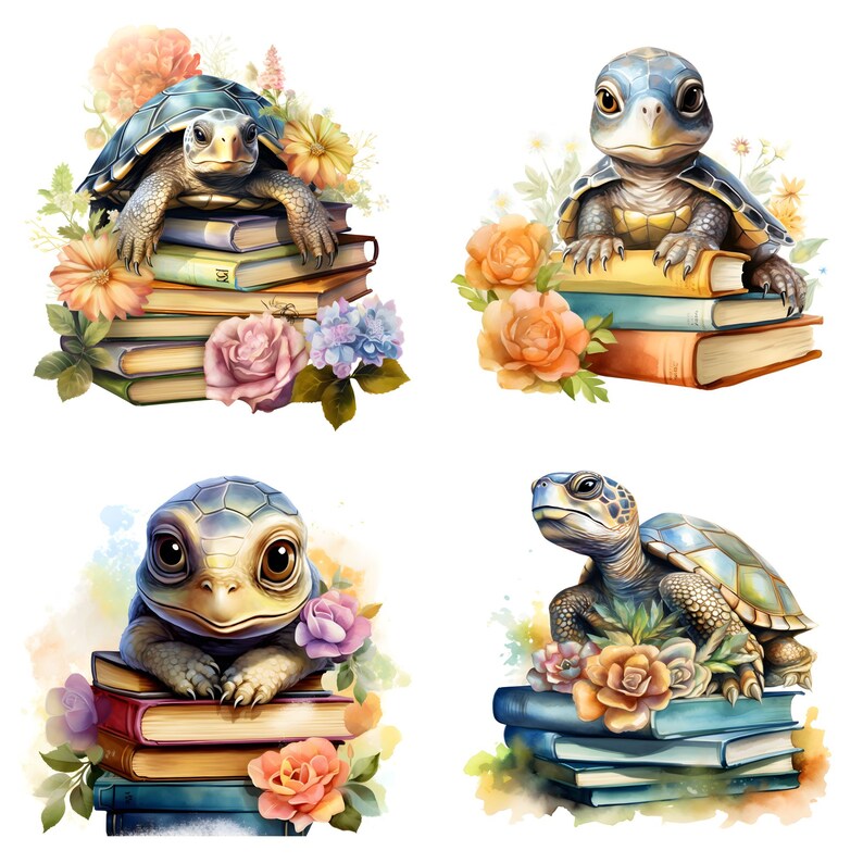 Watercolor Turtle on Books Clipart, Bookish Art (digital Download) - Etsy
