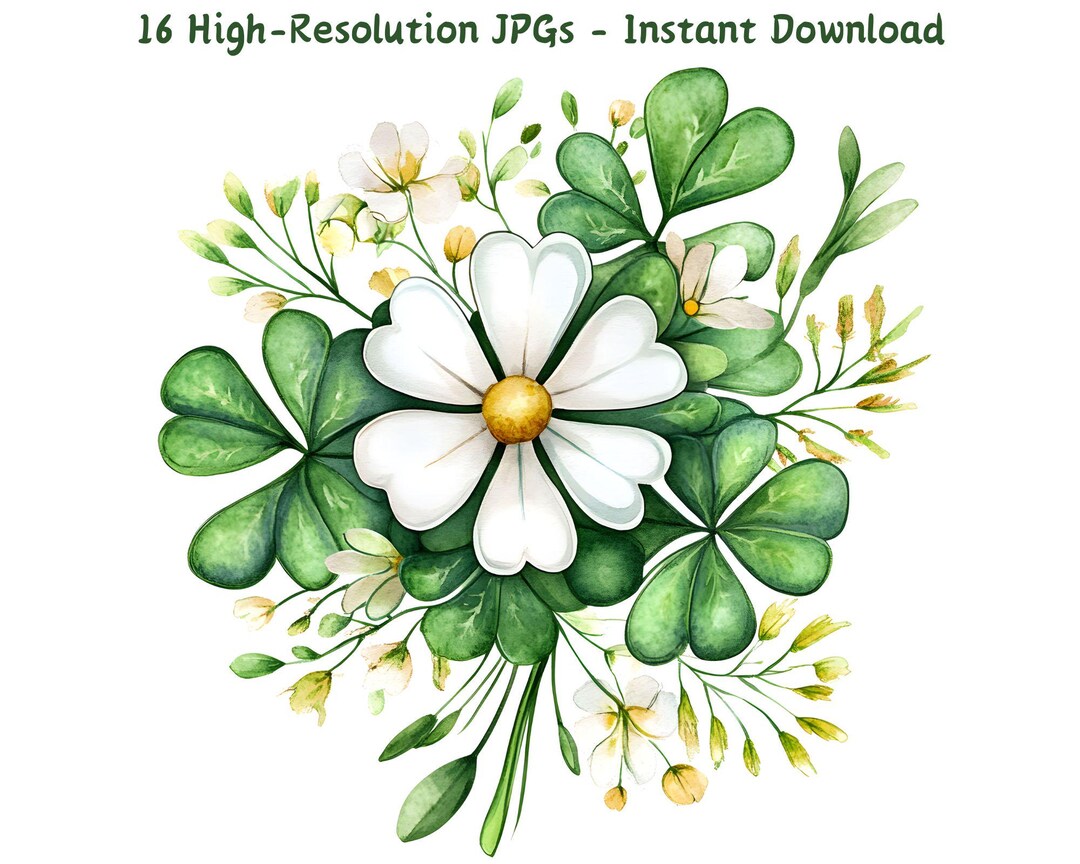 St. Patrick's Day Watercolor Clipart: Lucky Clover Floral (16 JPG ...