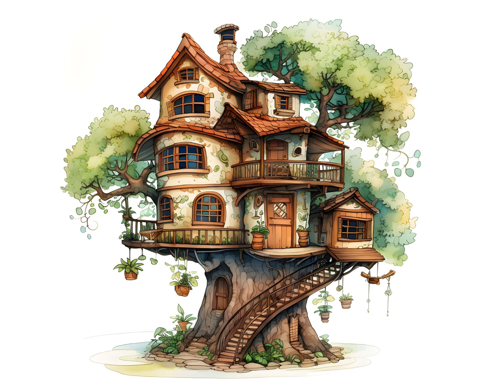 Whimsical Tree House Clipart, 16 High Quality JPG, Watercolor Clip Art ...