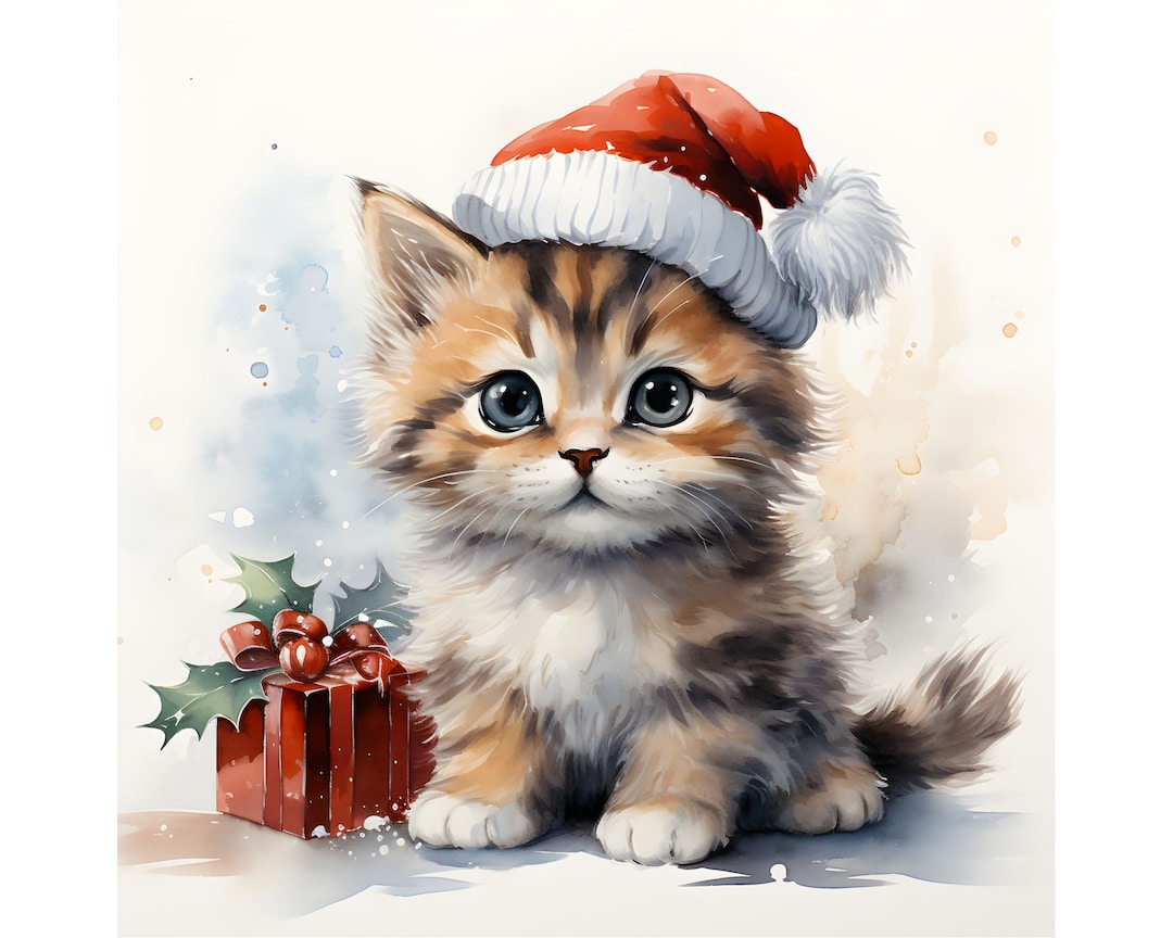 Christmas Cats Digital Paper, Printable Christmas Wall Art, Watercolor ...